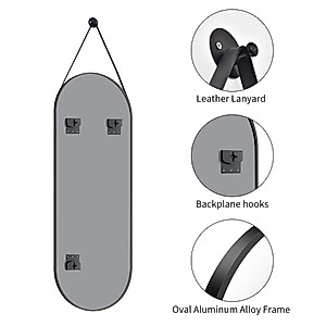 KOCUUY Oval Full Length Mirror with Hanging Leather Strap, 16"x48" Black Metal Frame Hanging Mirror, Full Body Dressing Mirror Wall Door Mirror for Bathroom Vanity Living Room Bedroom Entryway