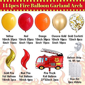 Enanal Fire Balloon Garland Arch Kit, 144pcs Red Yellow Chrome Gold Balloons with Fire Truck Foil Balloons for Fireman Party Supplies Kids Birthday Firefighter Rescue Themed Party Decoration (Fire)