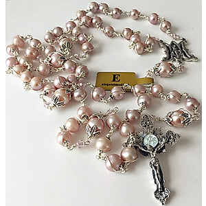 elegantmedical Handmade Wire Wraped Bali 925 Sterling Silver AAA+ 8-9mm Real Purple Pearl Beads Catholic Rosary Necklace Cross Crucifix Box