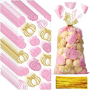 100 Pcs Little Pumpkin Bags Fall Cellophane Bags Plastic Pumpkin Candy Bags Pumpkin Cello Bags Goodie Treat Bags with Gold Twist Ties for Autumn Theme Party Supplies Thanksgiving Party Decorations