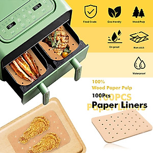 Dual Basket Air Fryer Accessories for Ninja Foodi DZ401 DZ550 DZ302 & Other 10 Quart 2-Basket DualZone Air Fryers, Come with Air Fryer Rack Set, 100Pcs Paper Liners, Silicone Brush & Tongs