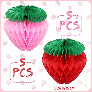 Skylety 10 Pieces 6 Inch Paper Strawberry Honeycomb Ball Tissue Paper Strawberry Ball for Strawberry Birthday Party Decoration (Red and Pink)