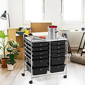 ReunionG 12-Drawer Storage Cart, Rolling Organizer with 4 Large & 8 Small Drawers, Steel Frame, Black