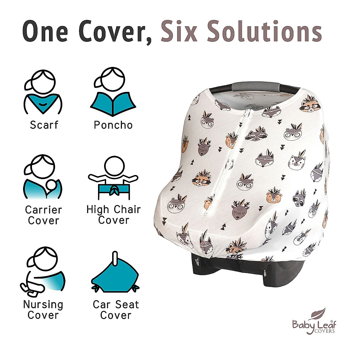 Baby Leaf Covers - Stretchy Multi Use Infant Car Seat and Stroller Canopy with Double Zipper, Breathable Nursing Poncho and Breastfeeding Scarf, Woodland