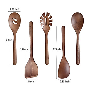 MornHalo 5PCS Black Walnut Wooden Spoons For Cooking 12-inch Smooth Finish Corner Spoon And Cooking Spoons-Comfortable Grip Wood Spoons for Cooking - Non-Stick Wooden Cooking Utensils