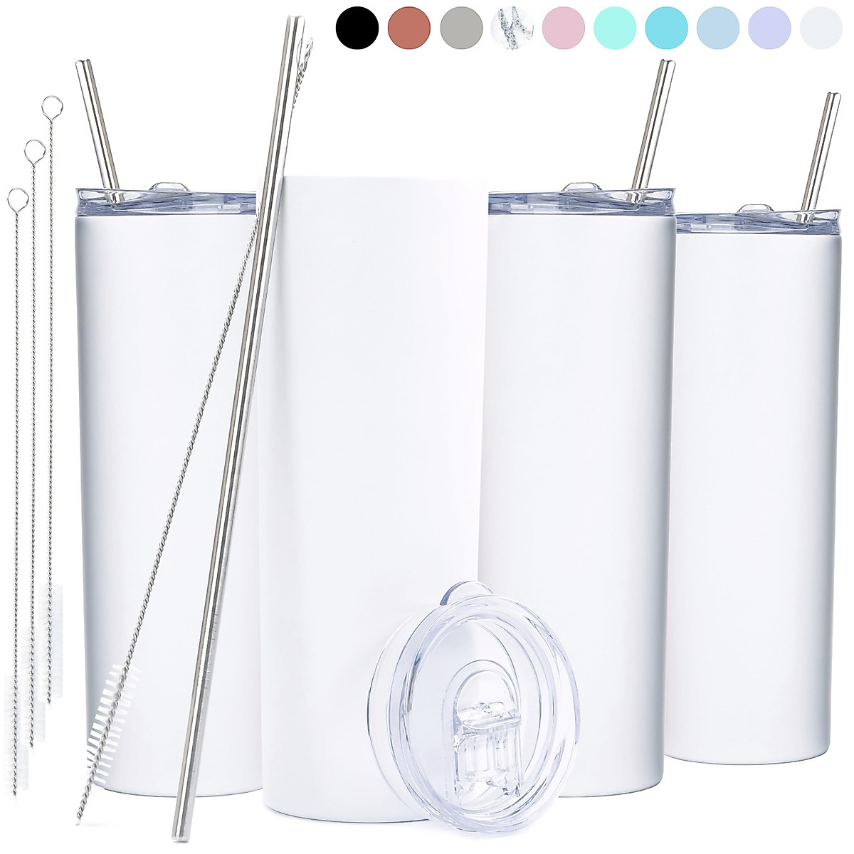 SKINNY TUMBLERS (4 pack) 20oz Stainless Steel Double Wall Insulated Tumblers with Lids and Straws | Skinny Travel Mug, Straw Cleaner INCLUDED! Reusable Cup With Straw | Vinyl DIY Gifts (Matte White)