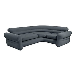 Intex Corner Sofa L-Shaped Inflatable Indoor Relaxing Lounge Sectional Couch with Built-in Cup Holders for Home Living Rooms, Gray