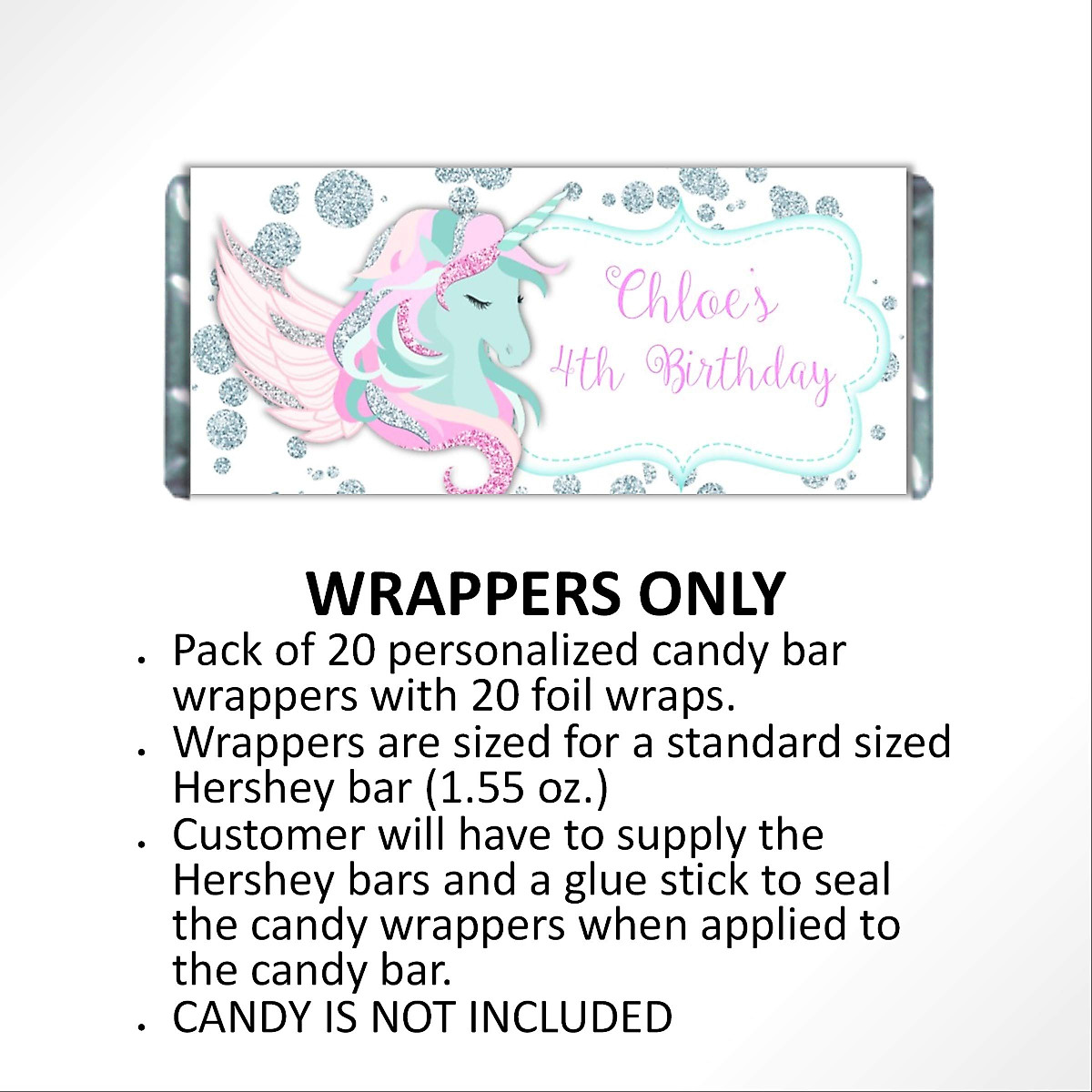 Unicorn Personalized Candy Wrappers, Kids Birthday Party Favors, Pack of 20 Custom Chocolate Bar Labels