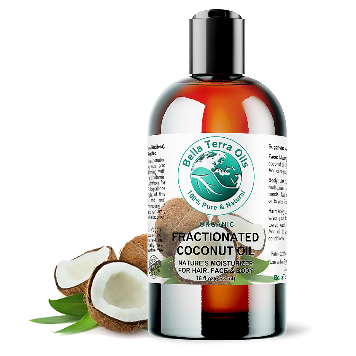 Bella Terra Oils - Liquid Organic Fractionated Coconut Oil 16 oz - Dive into Nutritional Excellence, Known for Antioxidants & MCTs, A Luxurious Treat for the Skin