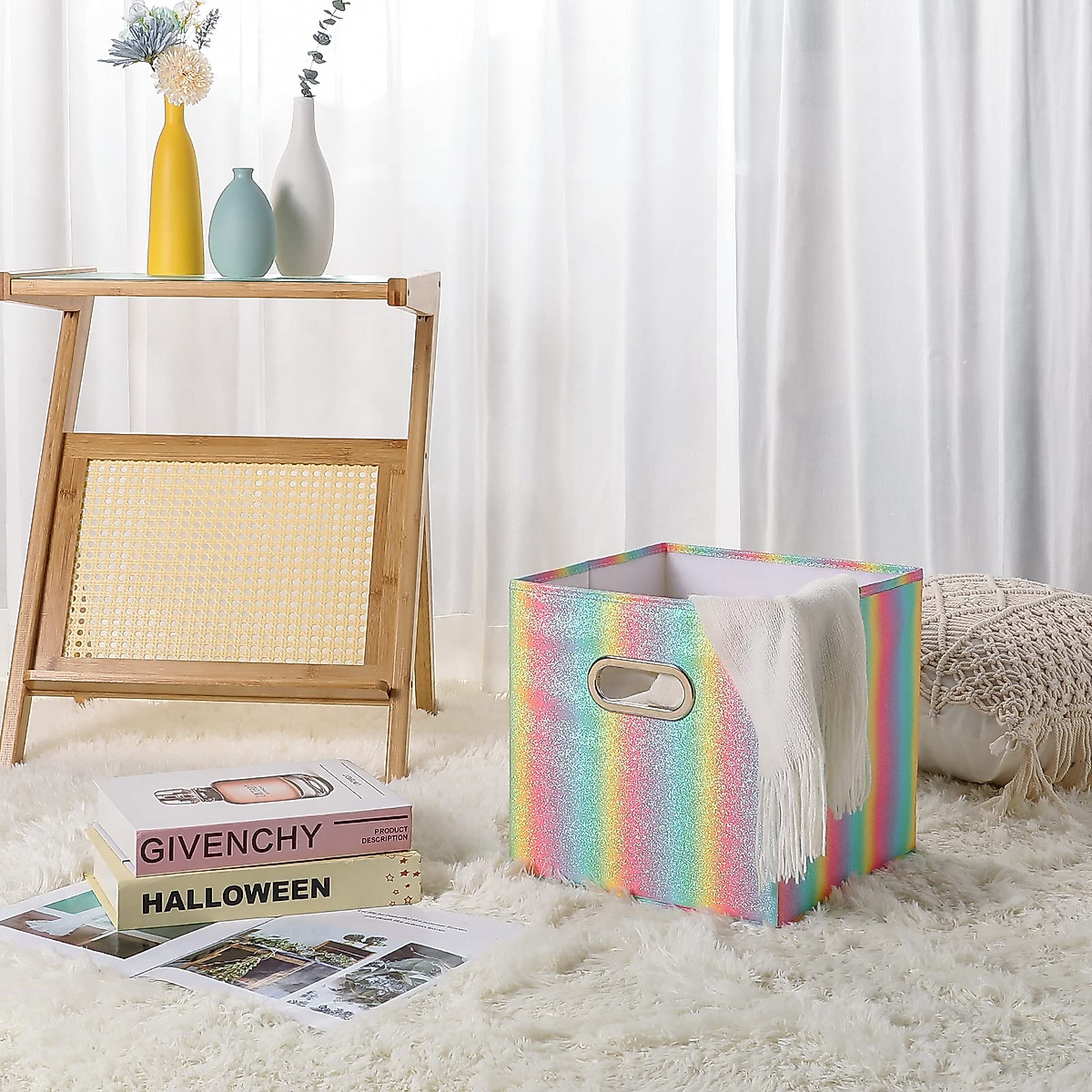 ANMINY 4 PCS Glitter Storage Cubes Shiny Sparkly Foldable Storage Basket Bin Box Set with Handles Collapsible Decorative Large Fabric Desktop Closet Shelf Organizer Container - 11x 11x 11 in, Silver