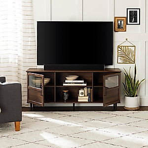 Walker Edison Modern Farmhouse Wood and Glass TV Stand with 2 Cabinet Doors for TV's up to 65" Flat Screen Universal TV Console Living Room Storage Shelves Entertainment Center, 58 Inch, Dark Walnut