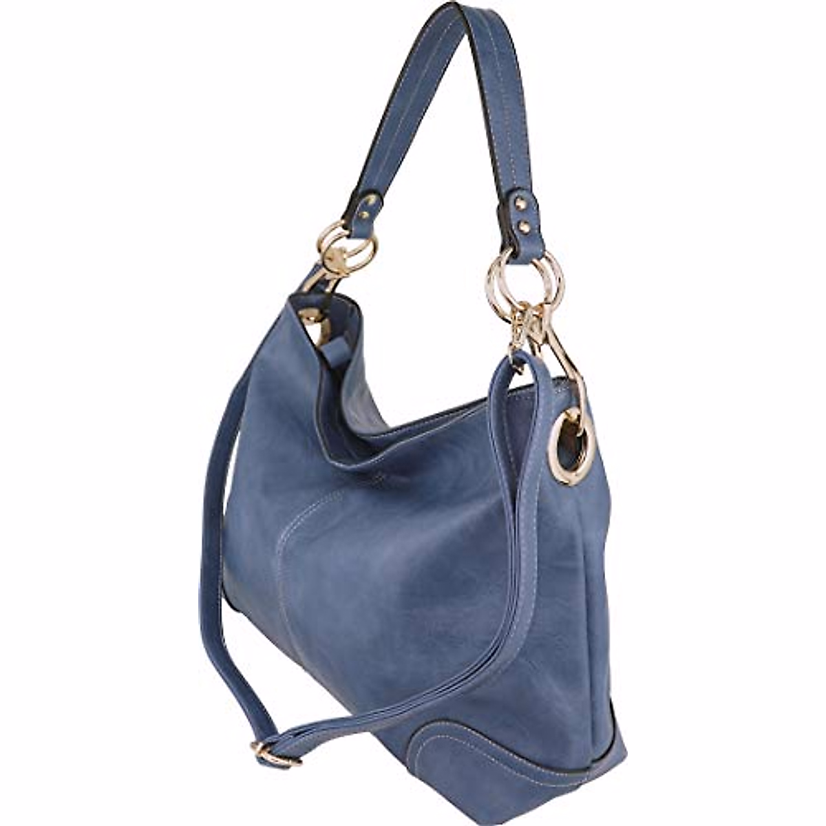 B BRENTANO Vegan Leather Large Hobo Shoulder Bag with Snap Hook Hardware (Denim.)