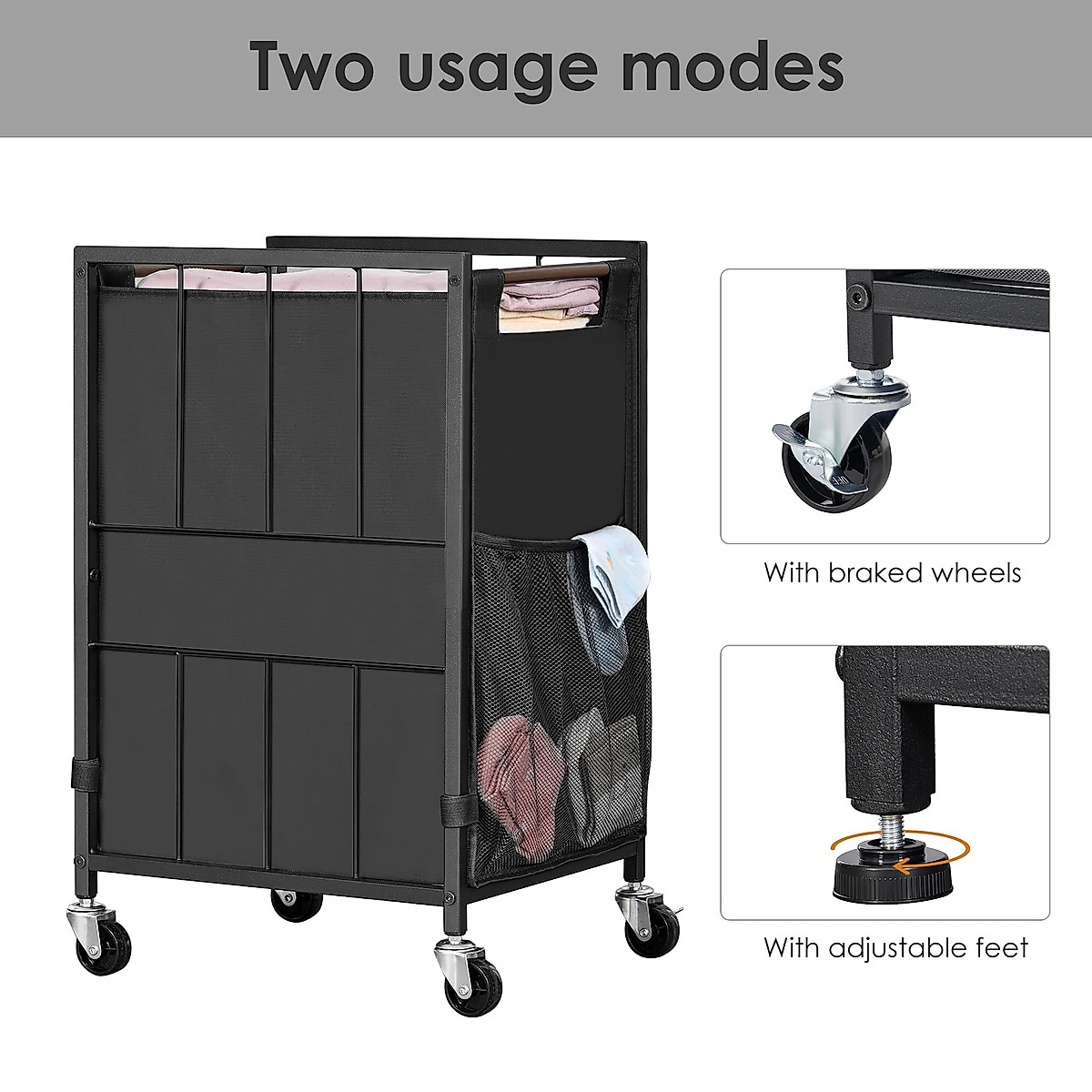 Laundry Hamper with Wheels & Adjustable Feet; 90L Laundry Basket with Removable Liner Bag & Side Mesh Pocket; Clothes Basket for Bathroom, Bedroom; Laundry Sorter with Wood Handle (Black)