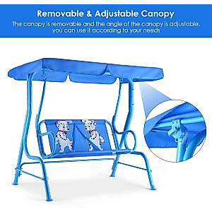 ReunionG Kids Porch Swing, 2 Seats Children Swing Chair w/Safety Belt & Adjustable Hammock Canopy, Kids Patio Swing Bench for Outdoor