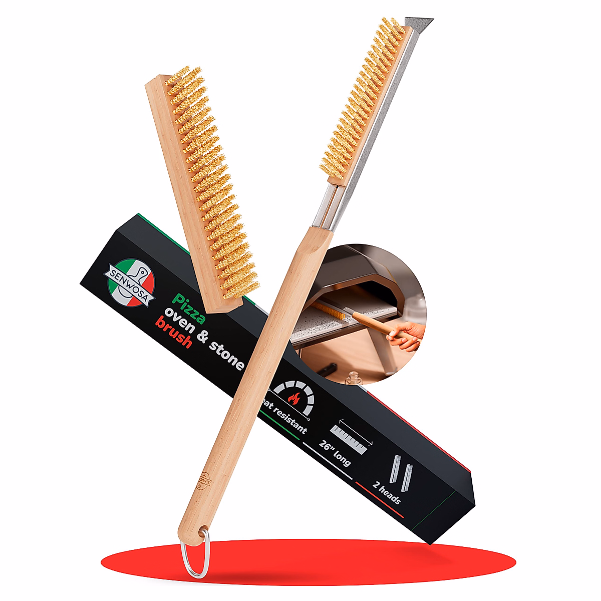 Senwosa 26” Pizza Oven Brush with Stone Scraper - Heat Resistant Stainless Steel Bristles, Extra Long Handle - Compatible with Ooni Ovens - Includes Spare Head