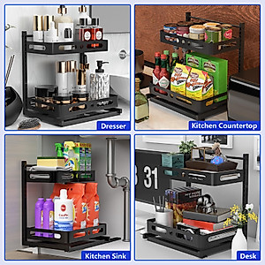 WASUMI Under Sink Organizers, Metal Sliding Cabinet Basket and Storage Organizer 2 Tier Pull Out Cabinet Organizer for Kitchen Bathroom, Large Capacity, Black