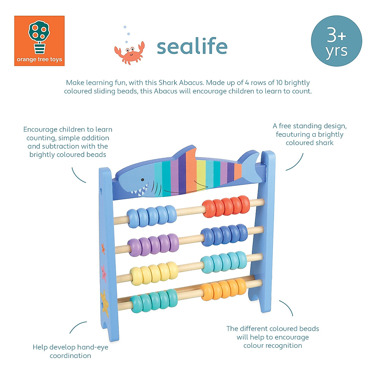 Orange Tree Toys Shark Wooden Abacus | Hand Painted Colorful Wooden Educational Puzzle Toy for Toddlers 3+, Sustainably Made, Perfect for Learning Math and Practicing Counting