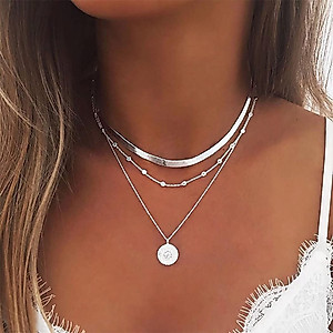 Woent Layered Lotus Pendant Necklaces Silver Bead Choker Necklace Chain Adjustable Jewelry for Women