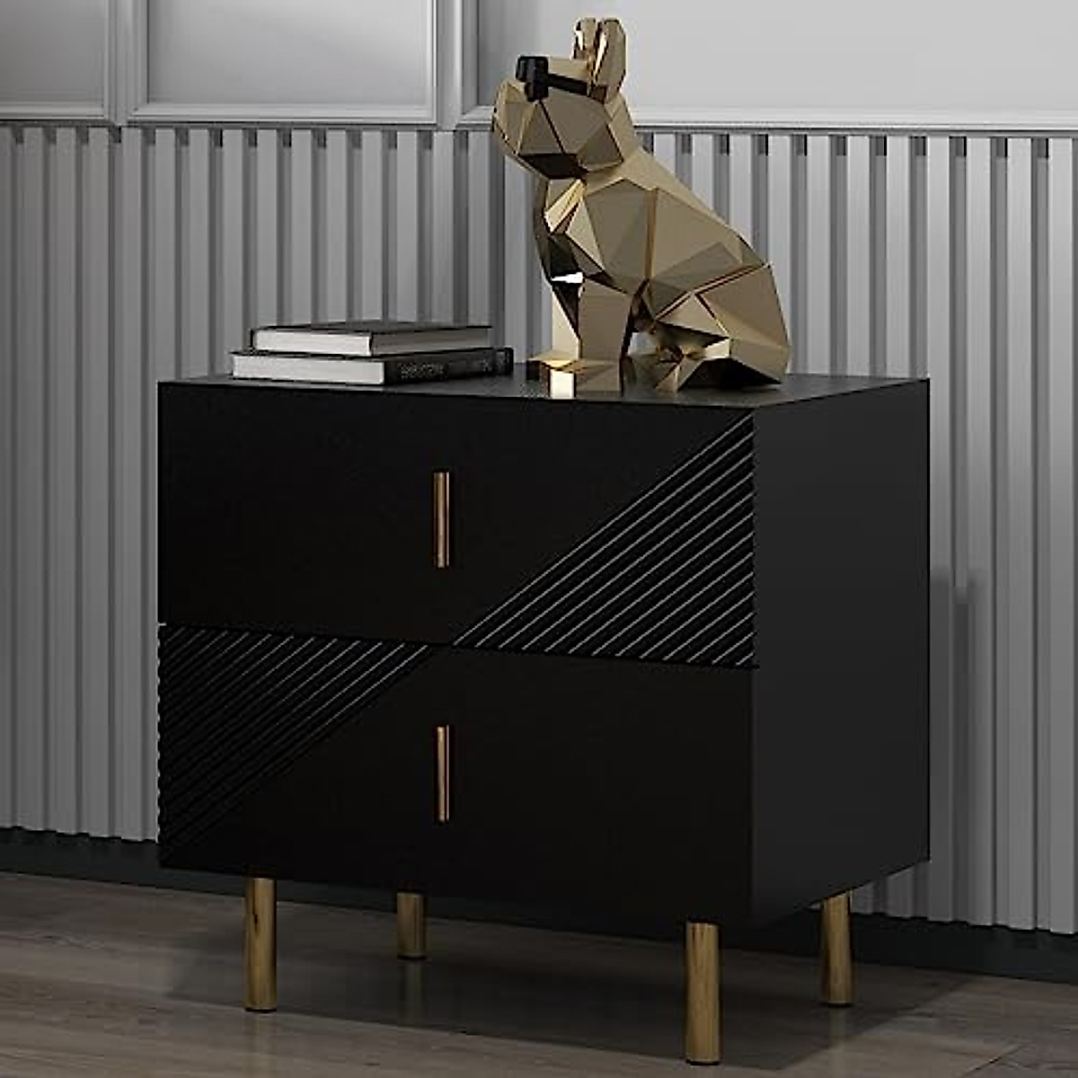 kudikt Black Nightstand with Drawer： Large Nightstand with 2 Drawers Wooden Nightstand for Bedroom Nightstands Black with Gold Adjustable Legs