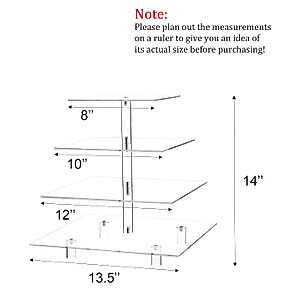 Jusalpha® 13.5'' Width Extra Large 4 Tiered Acrylic Glass Square Cake Stand-Cupcake Stand- Dessert Stand-Tea Party Serving Platter-Candy Bar Party Décor, 4SFL (Square)