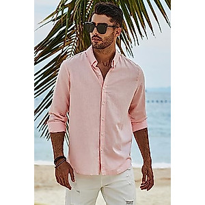 JMIERR Mens Cotton Linen Casual Stylish Button-Down Shirt Long Sleeve Business Plain Dress Shirts Old Money Aesthetic Shirts for Men,US50(2XL),B Pink