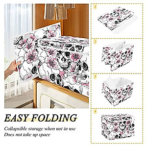 innewgogo Skull Flowers Storage Bins with Lids for Organizing Closet Organizers with Handles Oxford Cloth Storage Cube Box for Room