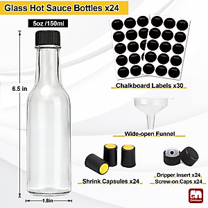 GMISUN Mini Hot Sauce Bottles 5 oz, 24 Pack Glass Woozy Bottles with Shrink Capsules, Mini Wine Bottles with Labels, Funnel, Caps, Dripper Inserts, for Homemade Hot Sauces, Dressing