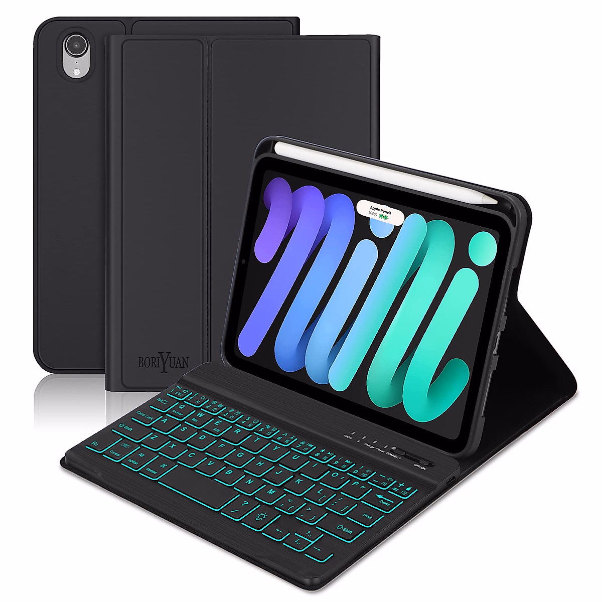 BORIYUAN iPad Mini 7th Gen 2024 (A17 Pro) & iPad Mini 6 Keyboard Case 2021, Detachable Wireless Keyboard, 7 Color Backlit, Slim Folio Cover with Pencil Holder for iPad Mini 7th/6th Gen 8.3 inch Black