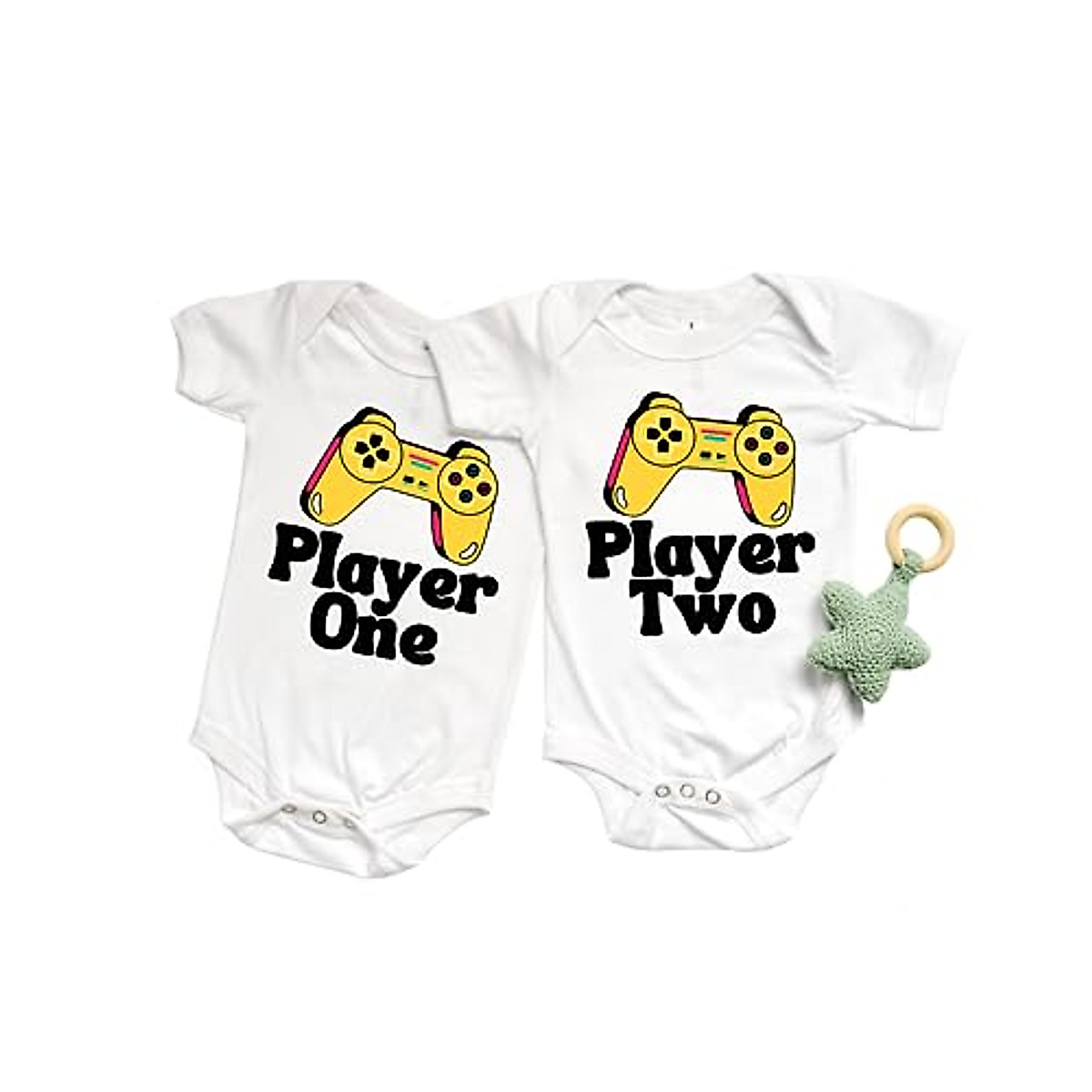 Player One Player Two gaming remote control themed baby boy and girl bodysuits matching twin sets (6-9 Month US)