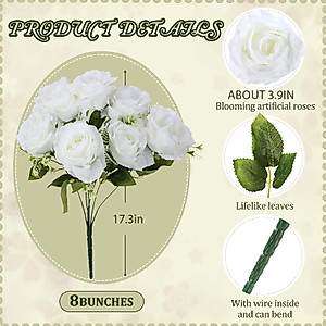 Zeyune 8 Bunches 17.3" Artificial Silk Rose Flowers, Fake Roses Flower Bouquet 56 Heads Whit Artificial Roses Flowers Bulk with Stems for Bridal Wedding Home Mother's Day Decor(White)