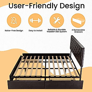 SHA CERLIN Upholstered King Platform Storage Bed Frame with 4 Drawers, Adjustable Headboard with Faux Leather Diamond Button Tufted Design, Wooden Slat Support, No Box Spring Needed, Black Brown