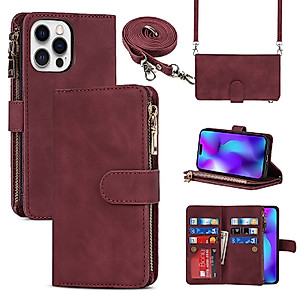 Jaorty for iPhone 14 Pro Max Phone Wallet Case for Women with Credit Card Holder,for iPhone 14 Pro Max Crossbody Case with Strap Lanyard, Zipper Pocket PU Leather Cases,6.7 Inch,Burgundy