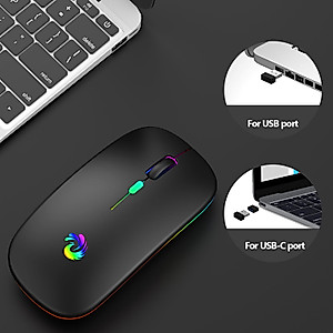 aMZCaSE LED Wireless Mouse, Rechargeable Slim Silent Mice 2.4G Portable Office Optical Mouse with USB Receiver and Type-C Adapter, 3 Adjustable DPI for Laptop, Computer, PC, Notebook, Desktop (Black)