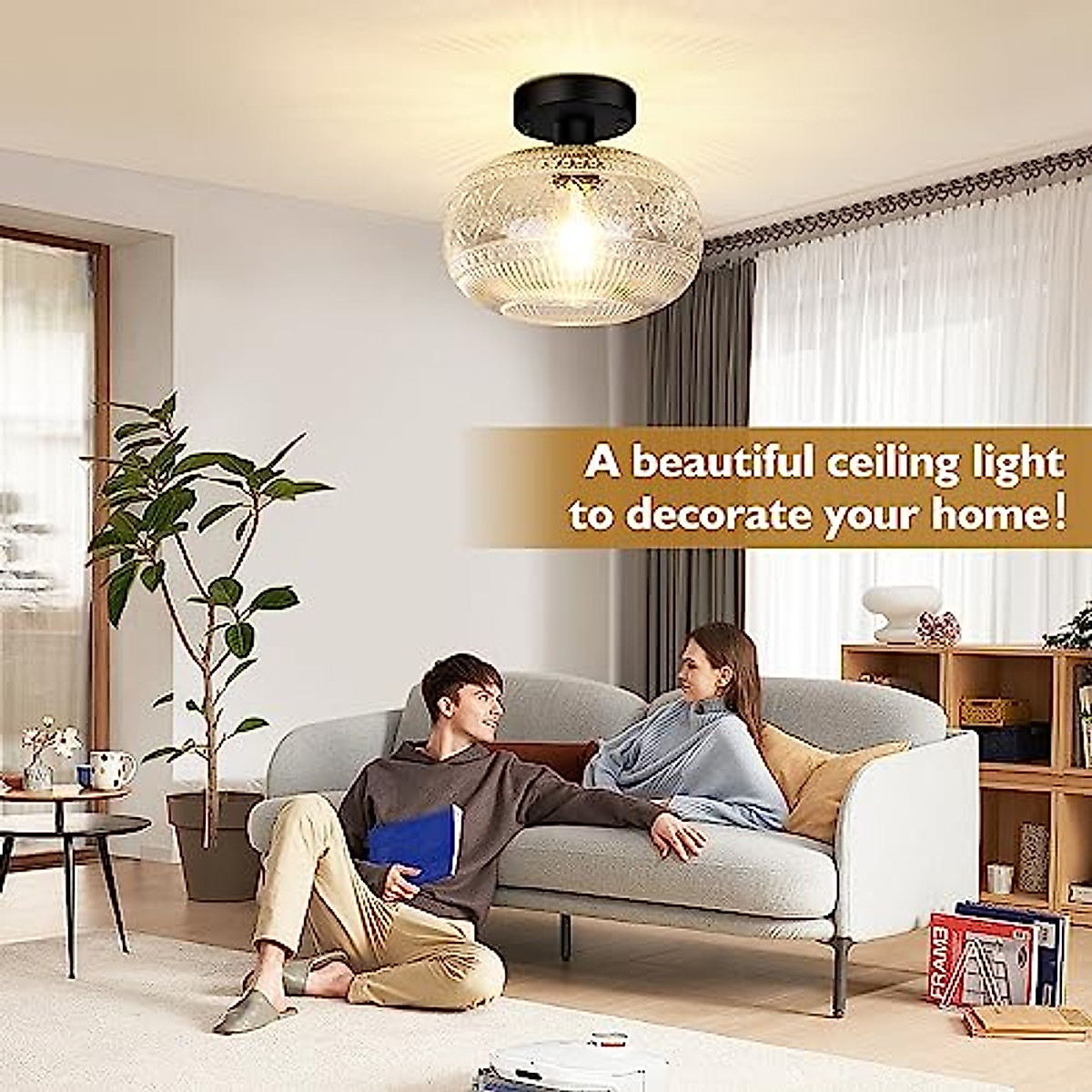 ONELEJA Black Semi Flush Mount Ceiling Light Fixture, Hallway Light, Globe Glass Ceiling Light, Overhead Light Fixture, Kitchen Lighting fixtures Ceiling, Light Fixtures for Porch Entryway Bathroom