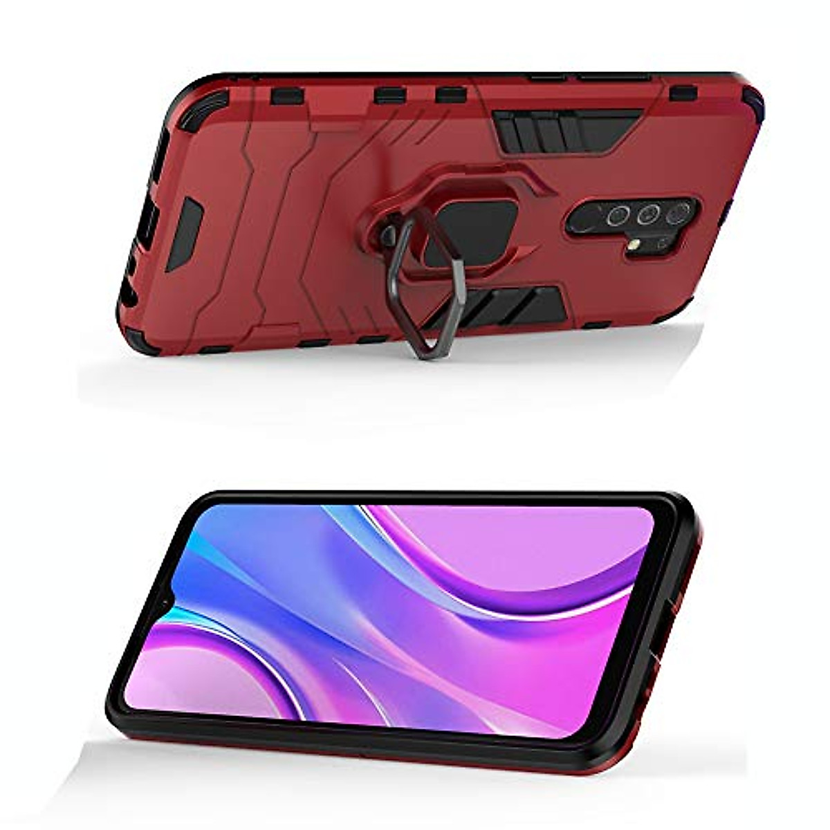 Ytaland for Xiaomi Redmi 9 Case,with 2 x Tempered Glass Screen Protector. (3 in 1) Shockproof Bumper Defender Protective Phone Cover with Ring Kickstand (Wine Red)