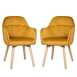 Giantex Modern Velvet Arm Dining Chairs Set of 2, Cute Chairs w/Solid Wood, Non-Slip Foot Pads, Comfortable Accent Leisure Chair for Living Room, Dining Room, Bedroom (2, Yellow)