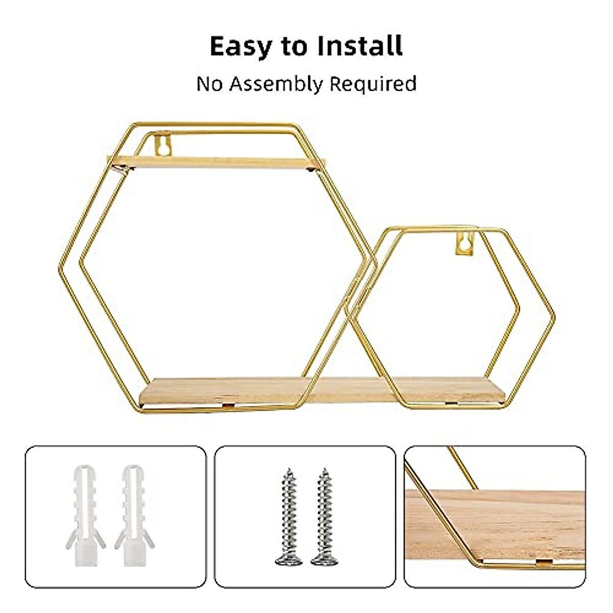 Fasyou Hexagon Floating Shelves Cute Gold Honeycomb Shelves Wall Mounted Shelves with Metal Bracket Rustic Solid Wood Wall Shelves for Living Room,Bedroom,Gold
