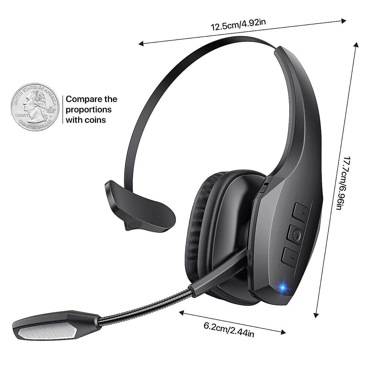 Trucker Bluetooth Headset, Wireless Headset with Mic, Bluetooth Headsets with Dual Noise Cancelling Microphone & Mute Button, 55Hrs Working Time PC Headsets for Cell Phones, Computer, Truck Driver