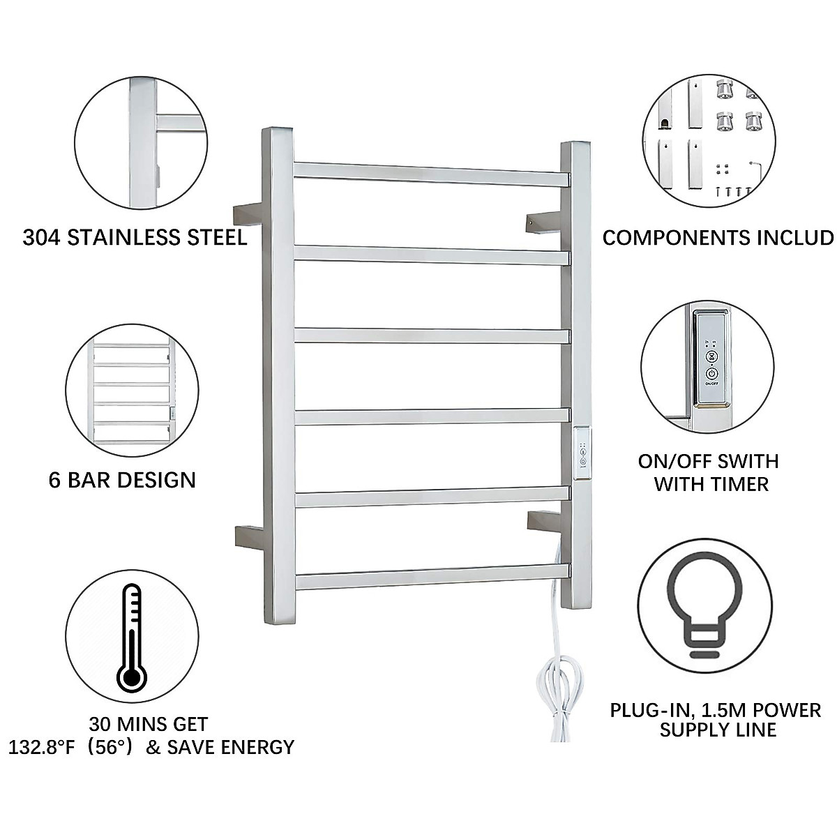 FUREX Towel Warmer 6 Bar Electric Heated Towel Rack Wall Mount Plug-in/Bath Towel Heater (Mirror Polish - Timer)