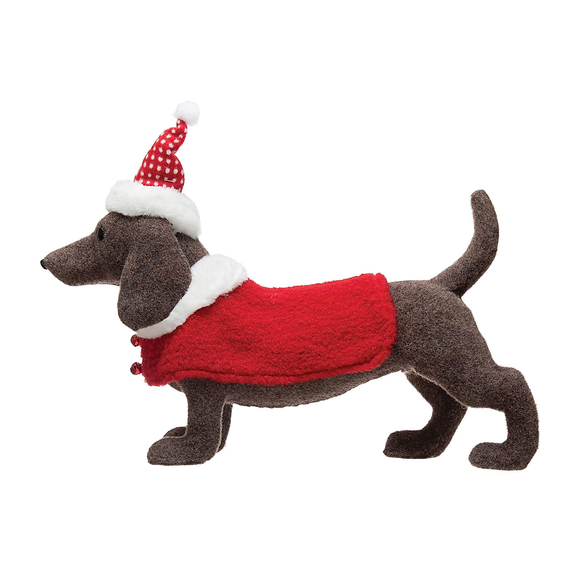 Creative Co-Op 16" L x 4" W x 12-1/4"H Fabric Dachshund with Santa Hat & Coat, Brown, Red & White
