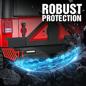 EYOUHZ Rear Bumper with Spare Tire Carrier Compatible with 2007-2018 Jeep Wrangler JK JKU Unlimited with 2" Hitch Receiver, License Plate Bracket, Paintable Armor, LED Lights & D-Rings (2/4 Doors)