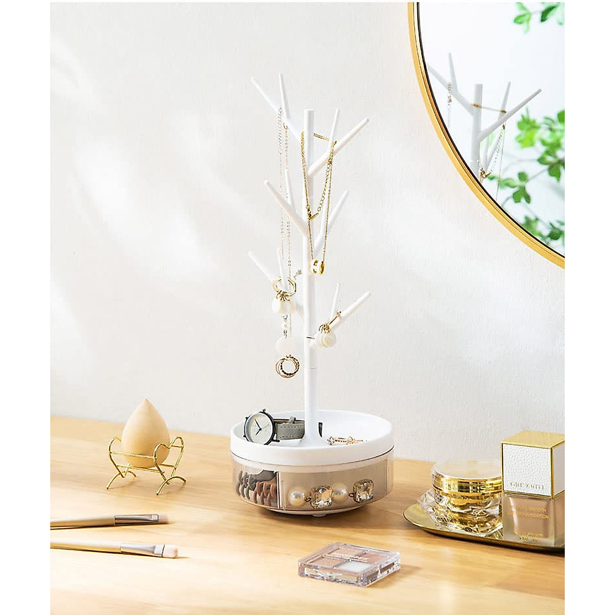 Half Room Branch Jewelry Rack With Rotatable Base and Storage Box Tree Tower Rack Hanging Organizer for Ring Earrings Necklace Bracelet,Suitable for living rooms, bathrooms,offices,etc.