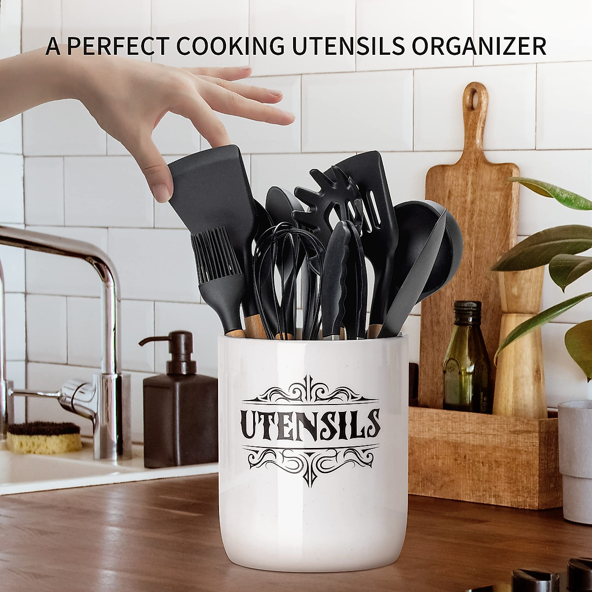 Xarkany® Kitchen Utensil Holder for Countertop - 7” x 6” Large Ceramic Utensil Caddy - Farmhouse Kitchen Decor- Rustic Kitchen Organization Countertop - Utensil Crock - White (Utensils not Included)