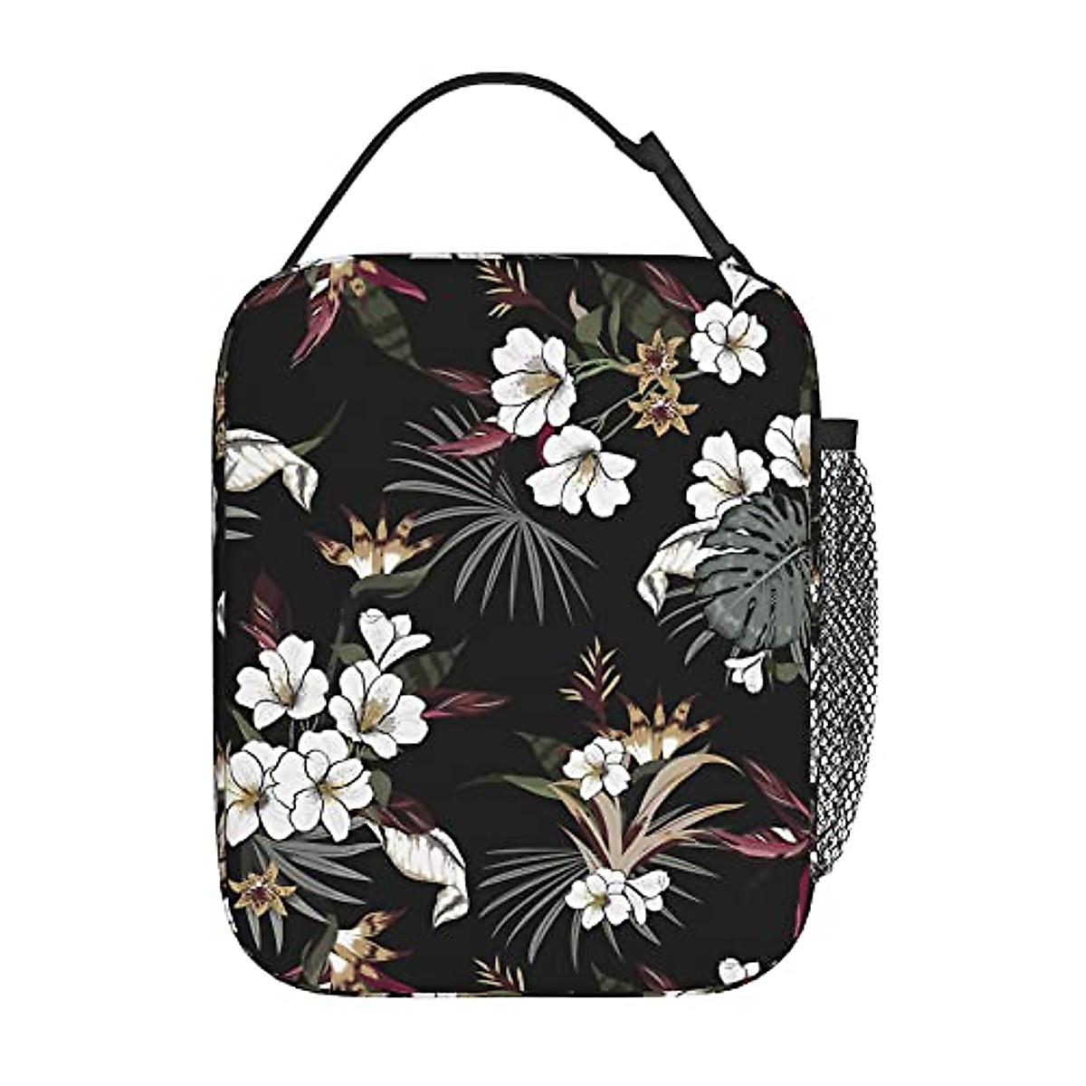 GAMSJM White Flower Lunch Box for Women, Black Insulated Lunch Bag