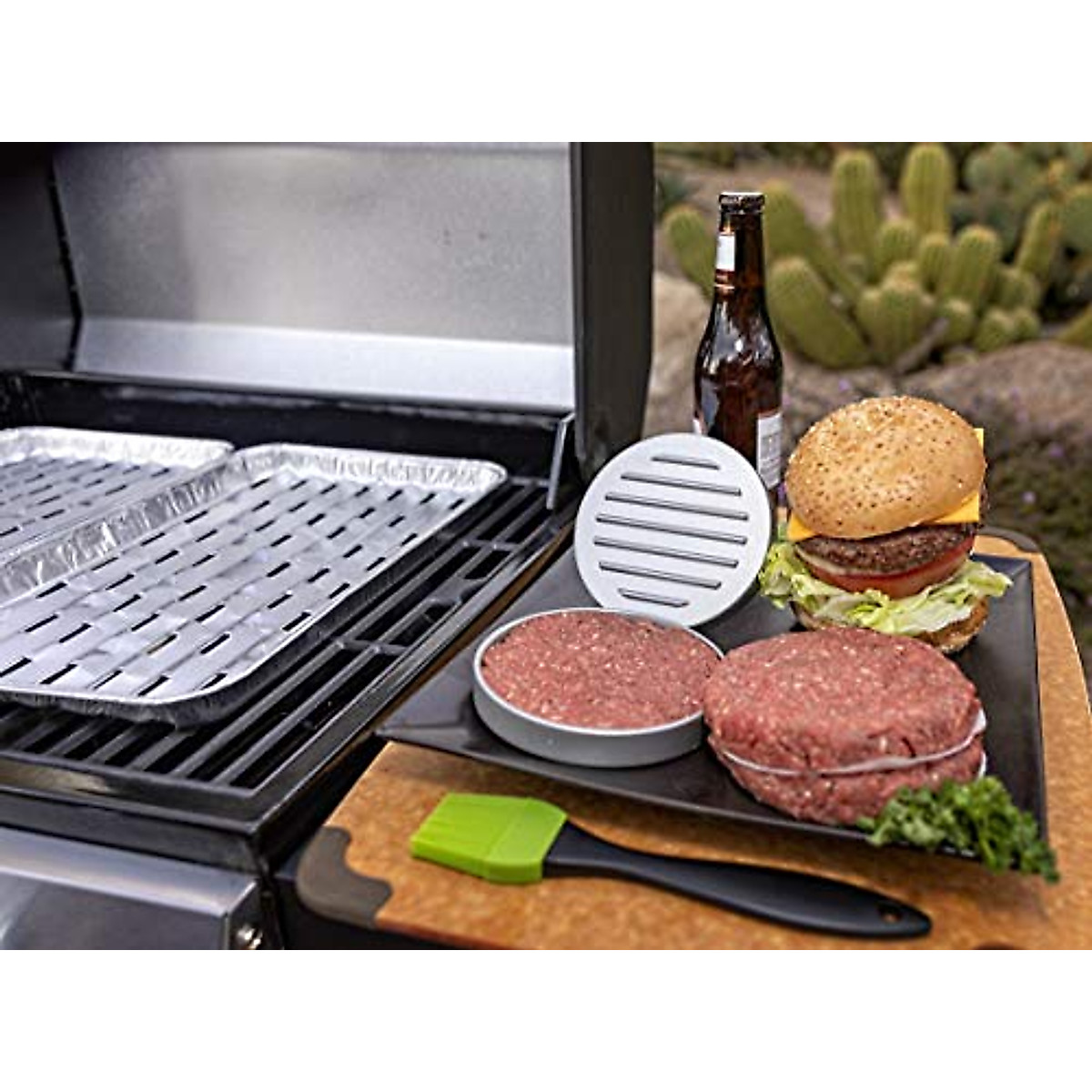 J-Line Design Deluxe Cast Aluminum Hamburger Patty Press Burger Maker with Plastic Handle Complete with Sauce Basting Brush and 100 Non-Stick Wax Paper Sheets