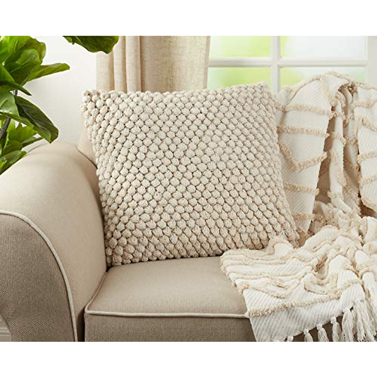 SARO LIFESTYLE Camargue Collection 3519.I20S Crochet Pom Throw Pillow with Down Filling, 20", Ivory