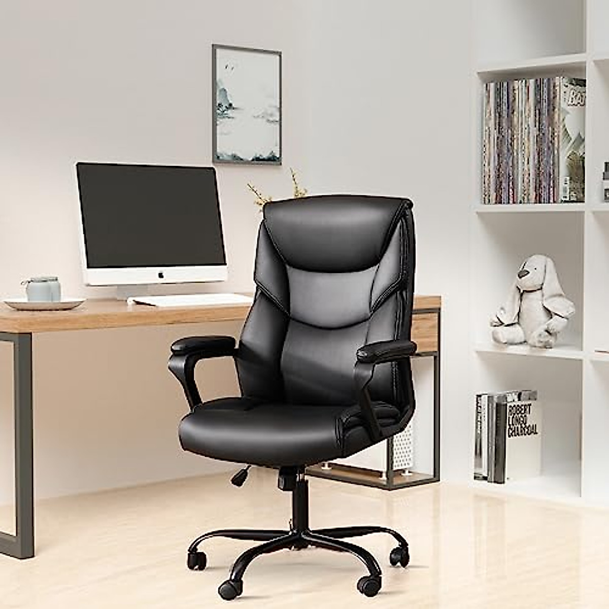 Sweetcrispy Office Chair - High Back Executive Leather Desk Chairs with Flip-up Arms (Fixed Armrest, Black)