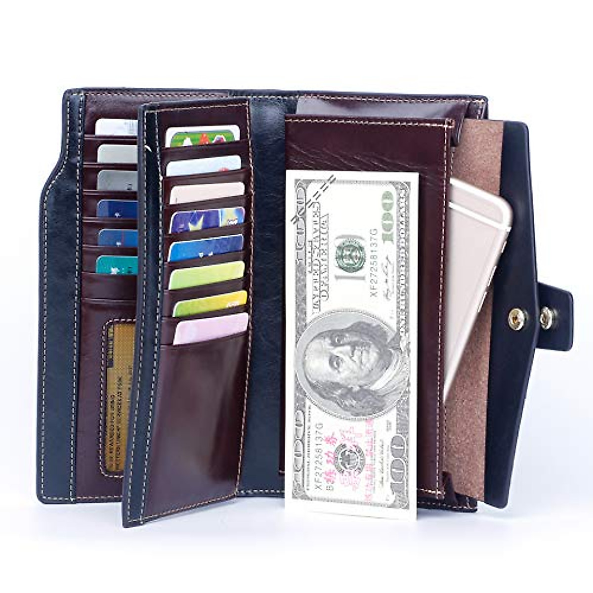 Behaniu Womens Multi Card slots Geniune Leather Wallet with Zipper Pocket Large Capacity RFID Blocking Credit Card Holder for Women (Coffee), Medium