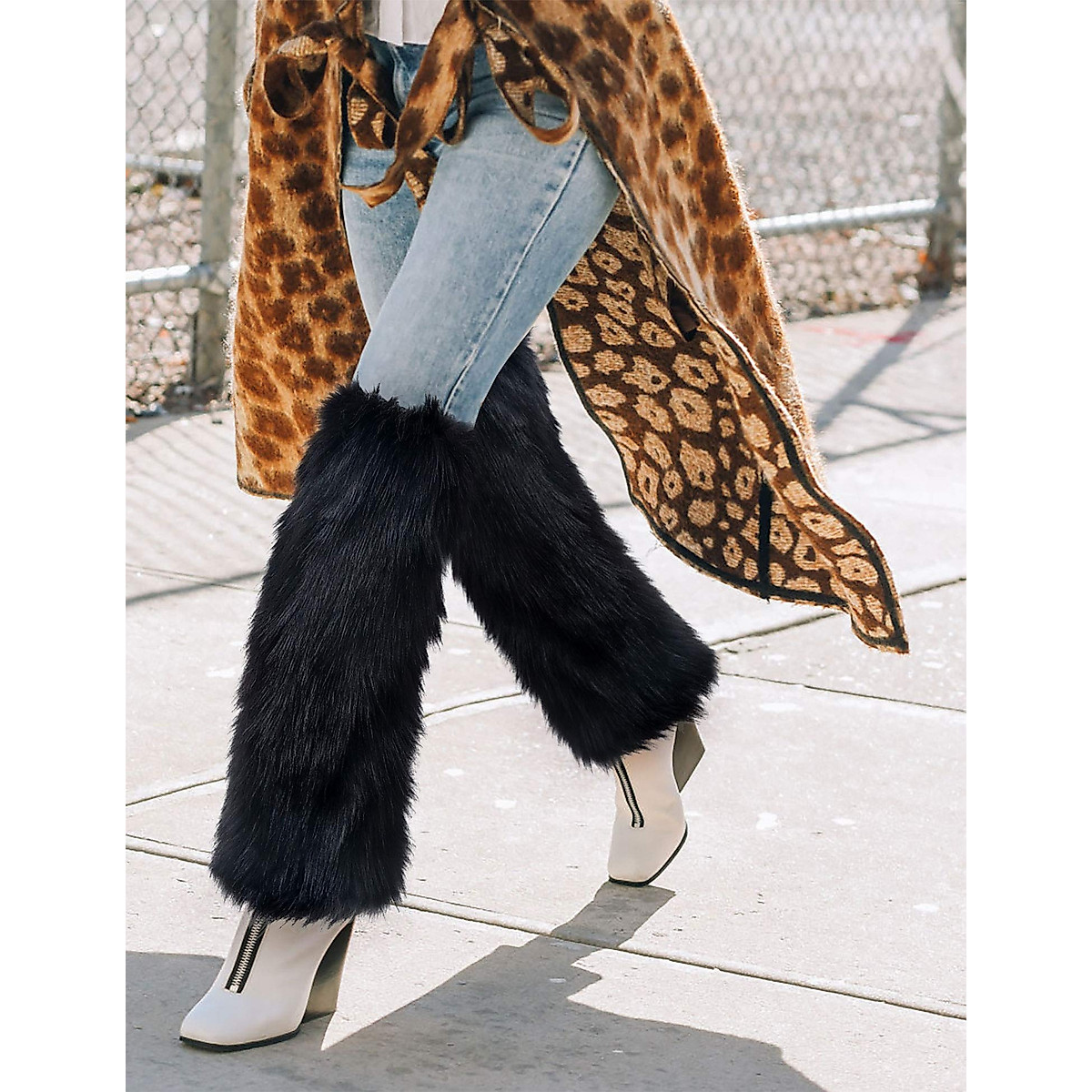 Zecmos womens Leg Warmers Faux Fur Fuzzy Long Cuff Cover Warm Furry Costume Shoes, Black, Medium