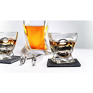 Whiskey Stones & Decanter Gift Set for Men & Women, By The Wine Savant, 2 XL Stainless Steel Whiskey Balls, 2 Twist Glasses, Whiskey Decanter, 2 Coasters, Freezer Pouch & Special Tongs in Pinewood Box